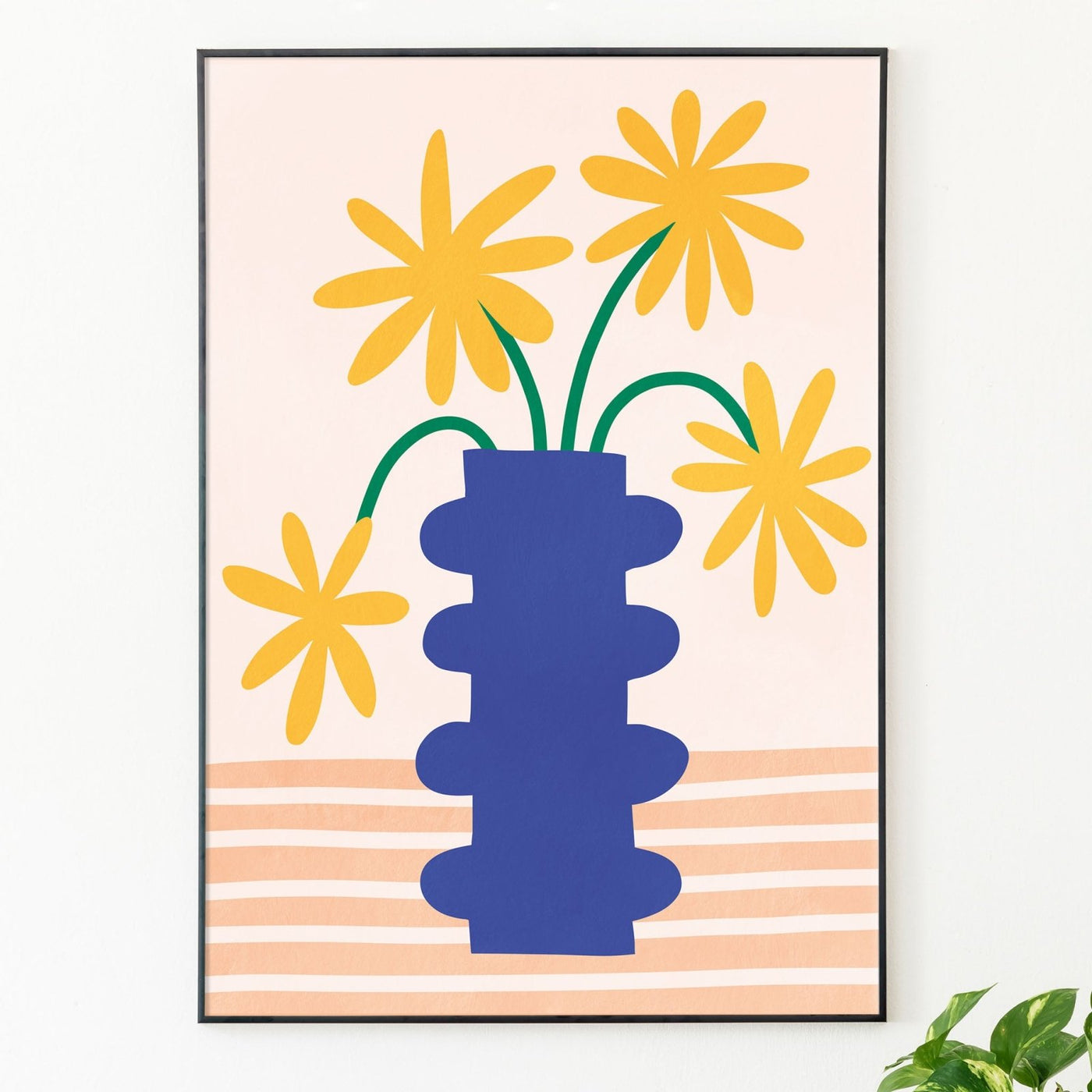 Yellow flowers in a blue vase, colorful poster for adults and kids ...