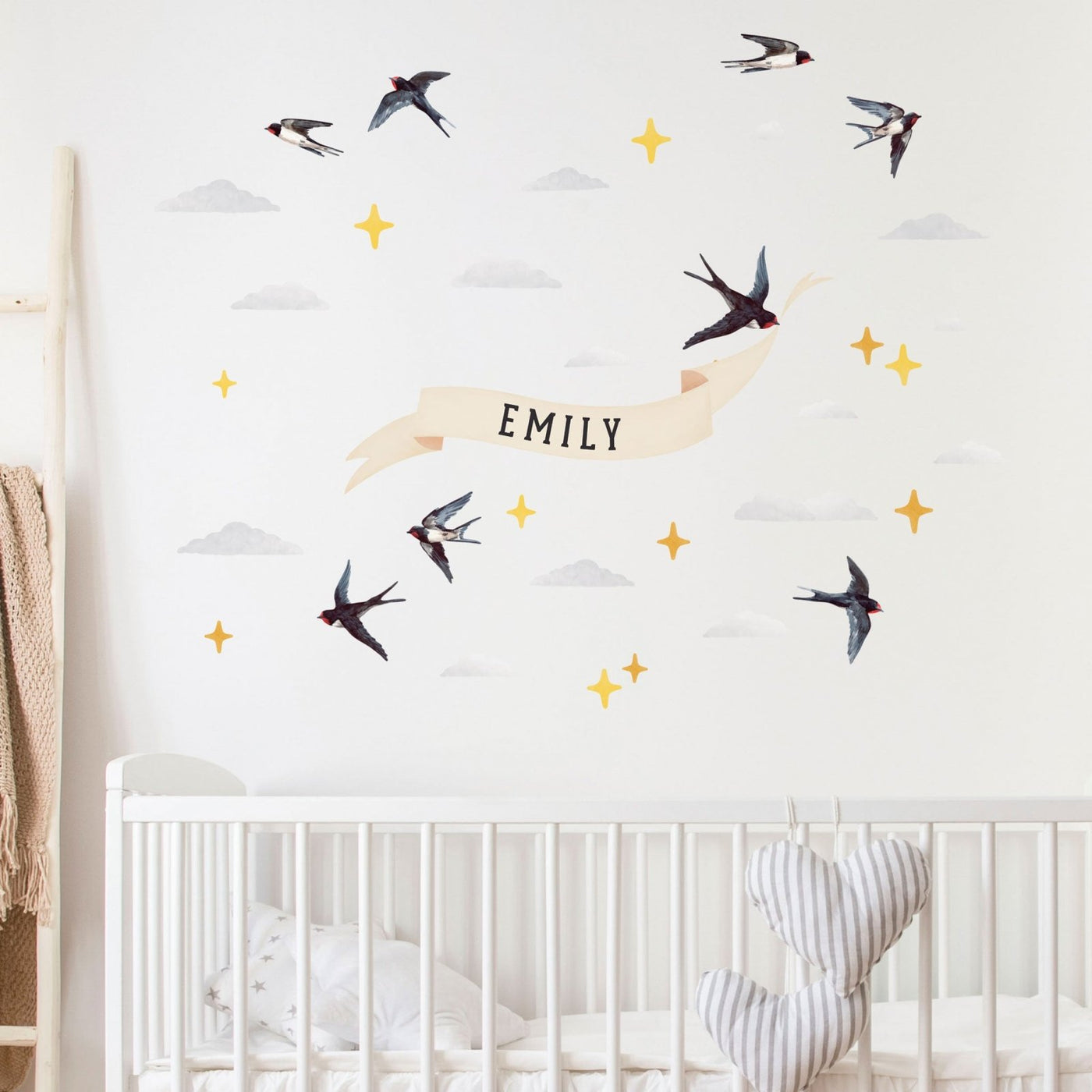 Beautiful Name Wall Sticker with birds, personalised kids room stickers ...